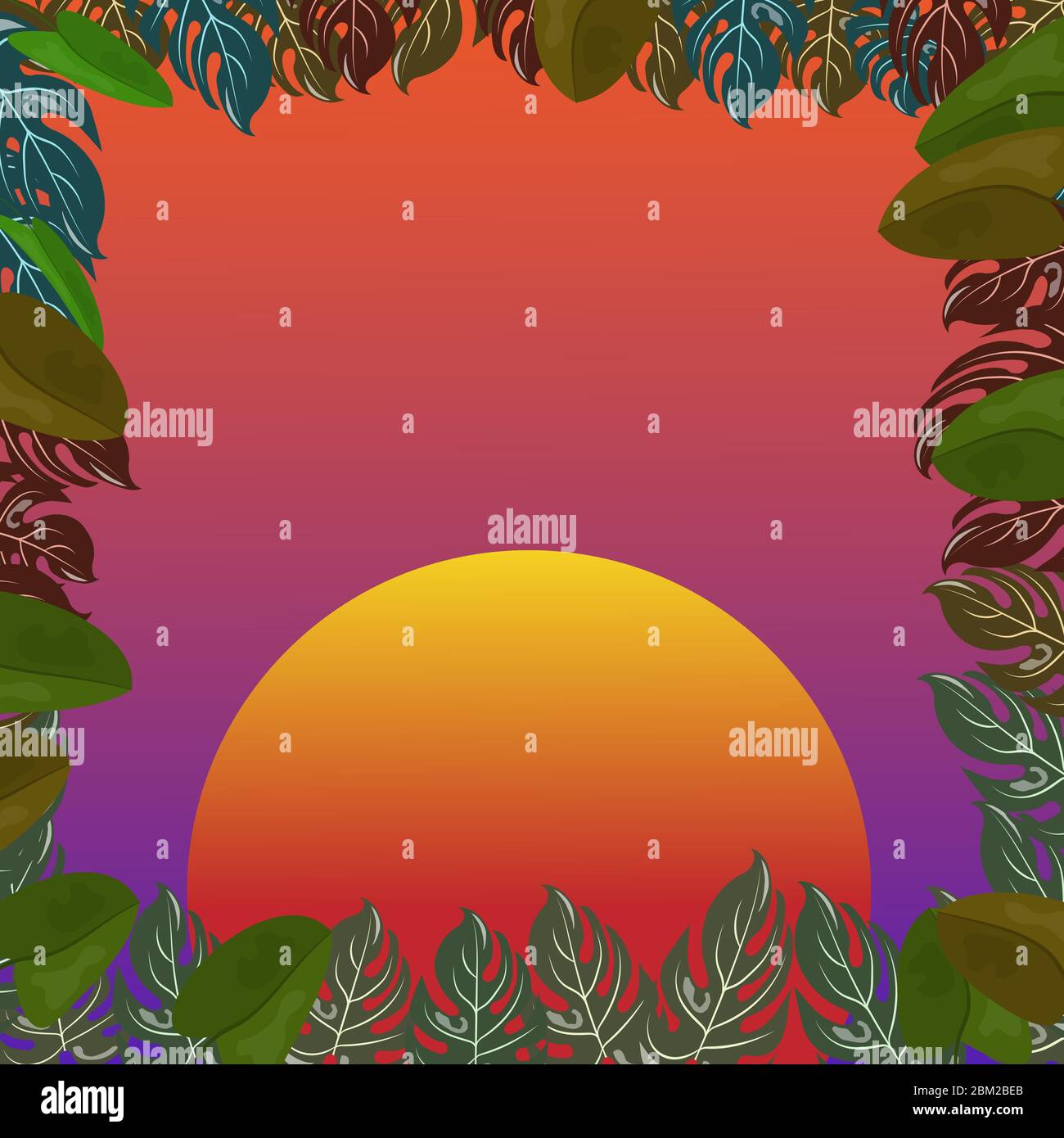 Tropical night party vector poster with tropical leaves and sunset with ...