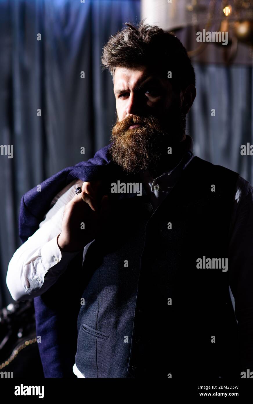 Millionaire in elegant suit looks successful. Bearded man with ...