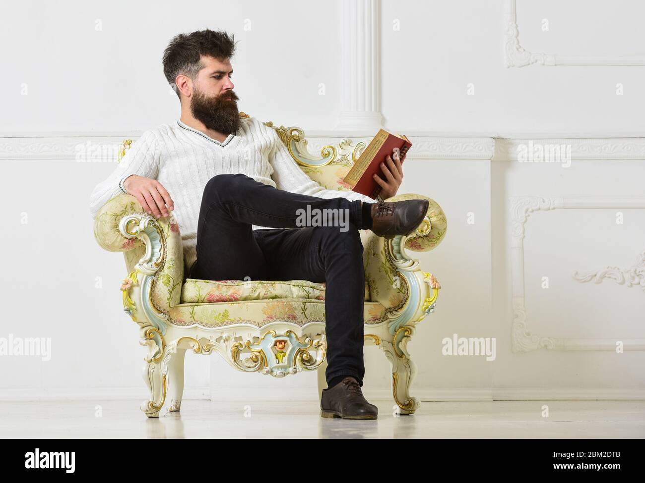 Intelligent concept. Lecturer smart sit on armchair and reads book ...