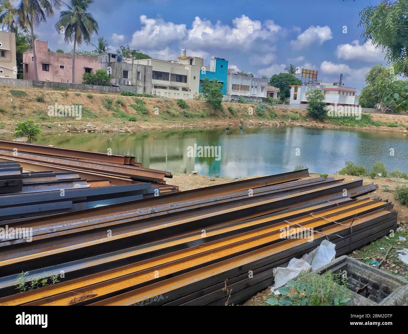 Iron reinforce concrete rod bar in near lack view construction site ...