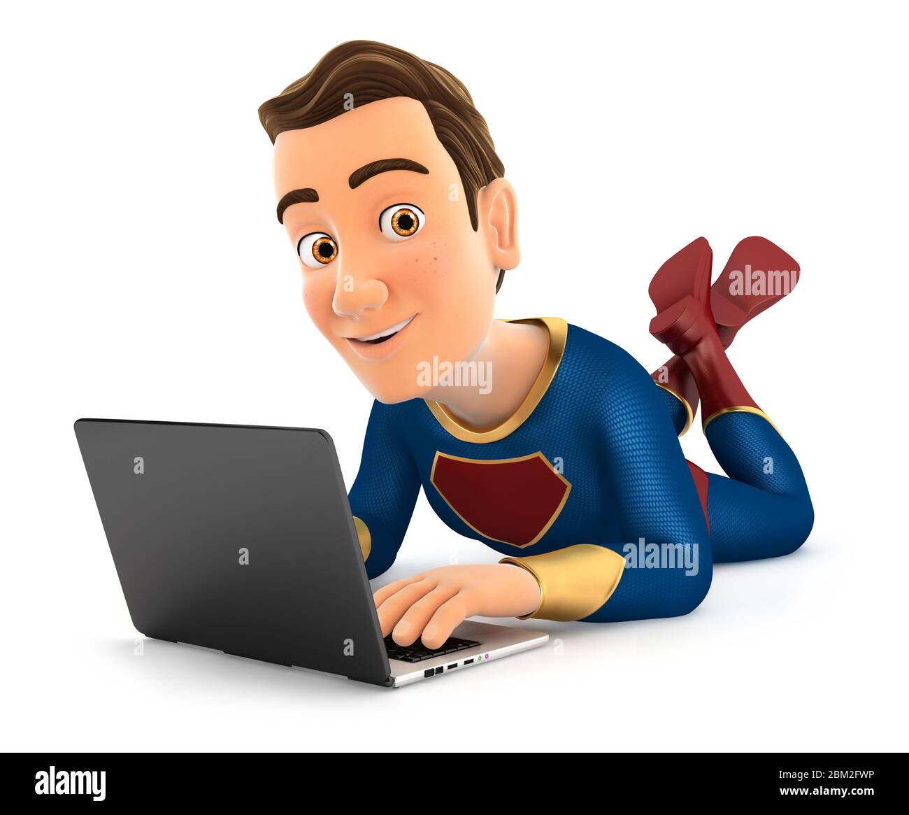 3d superhero lying on the floor and using laptop, illustration with ...