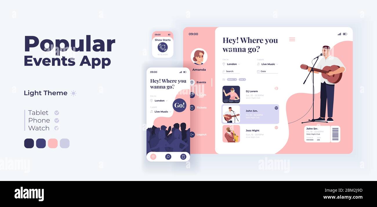 Popular events app screen vector adaptive design template. Pastime planner application day mode ...