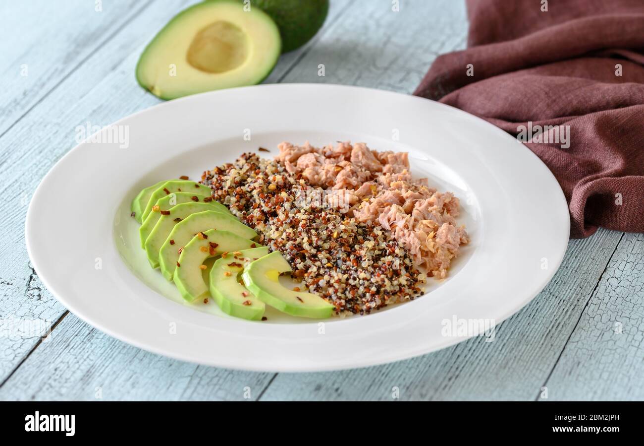 Quinoa with avocado and tuna close up Stock Photo - Alamy