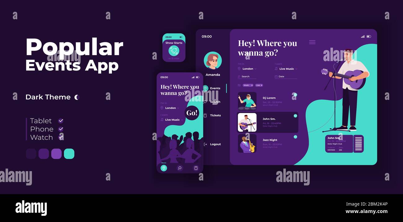 Popular events app screen vector adaptive design template. Clubbing ...