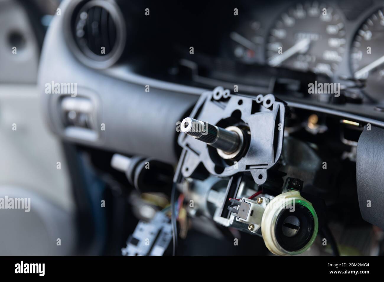 Close Up car steering wheel repair after the accident. Disconnecting of ...