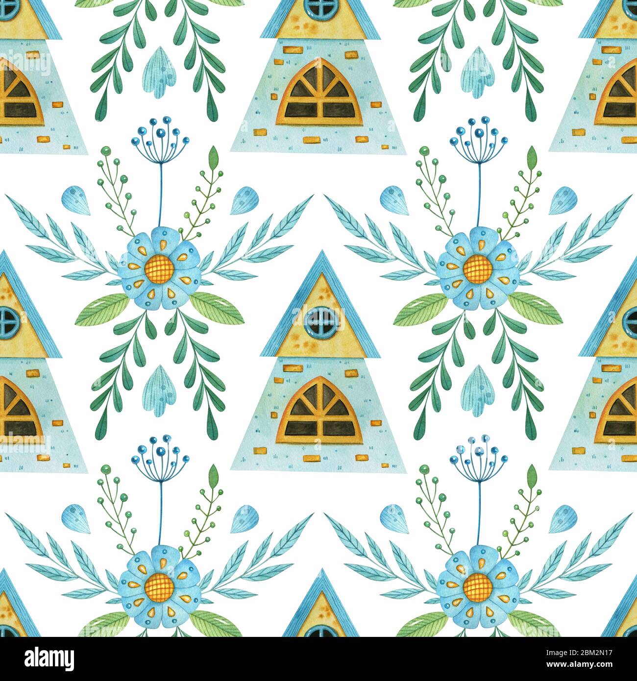 Watercolor seamless hand-illustrated flower pattern with cute house ...