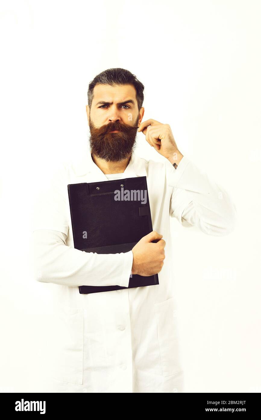 Bearded man, long beard. Brutal caucasian doctor or unshaven hipster ...