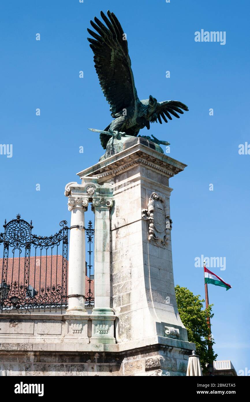 BUDAPEST, HUNGARY - APRIL 24, 2020: Statue of the Turul bird on the ...