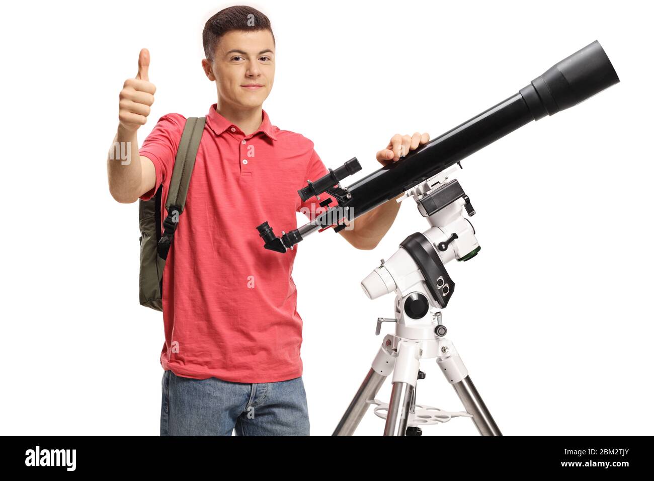 Male student with a telescope showing thumbs up isolated on white ...