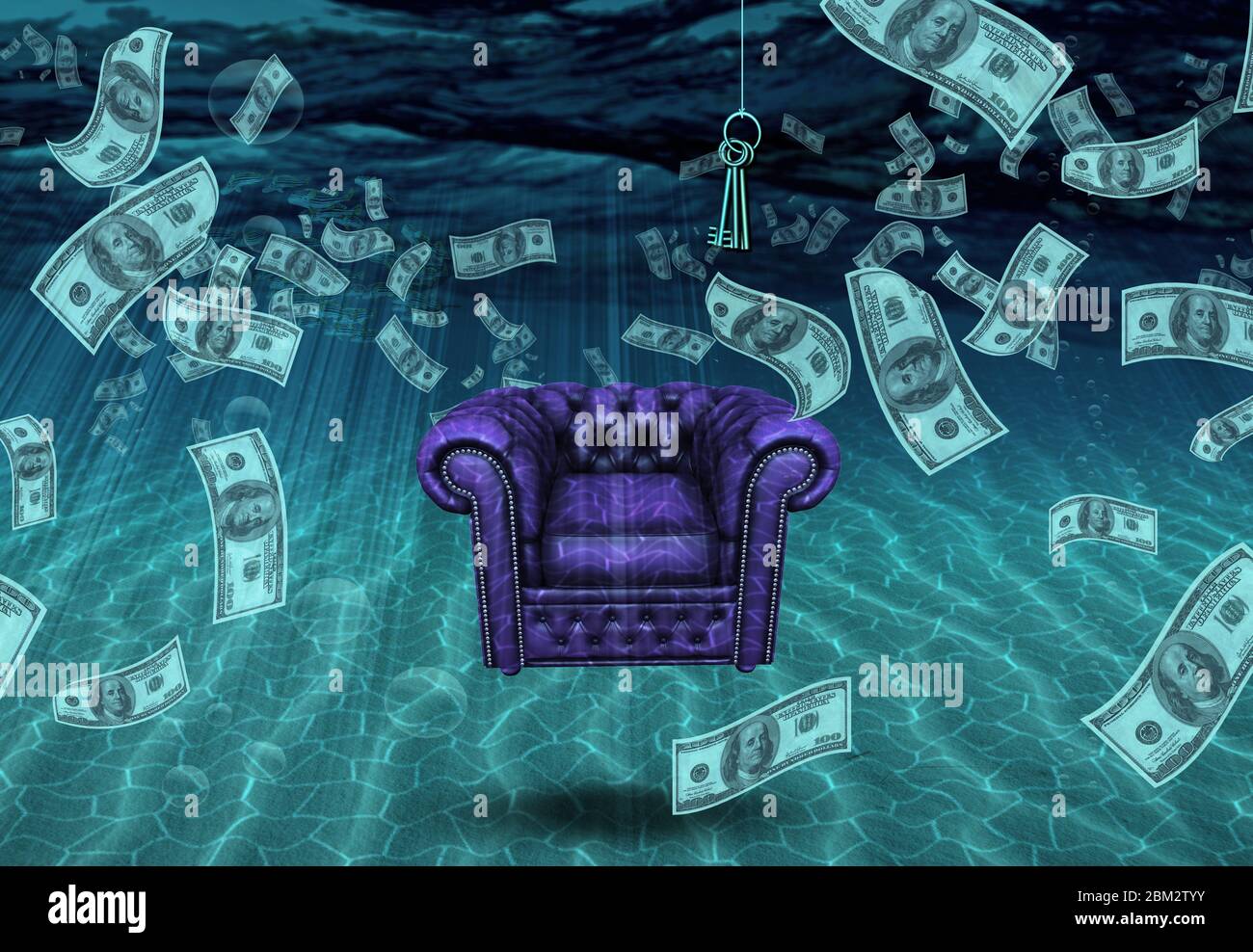 Keys hang from surface with Deep purple chair and hundreds floating ...