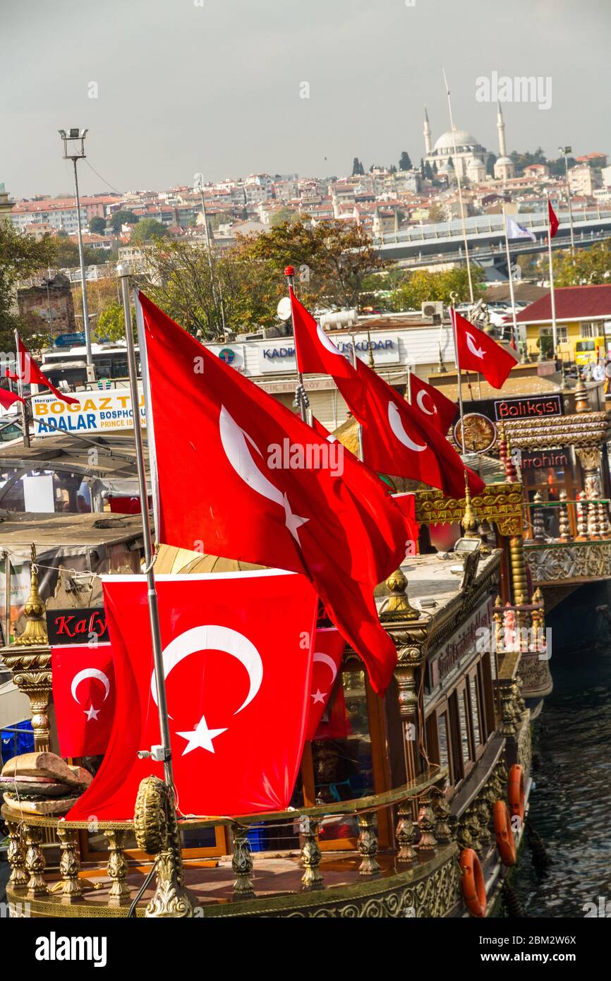 Istanbul, Turkey – Boat with Turkish flag as sails, portrait, copyspace ...