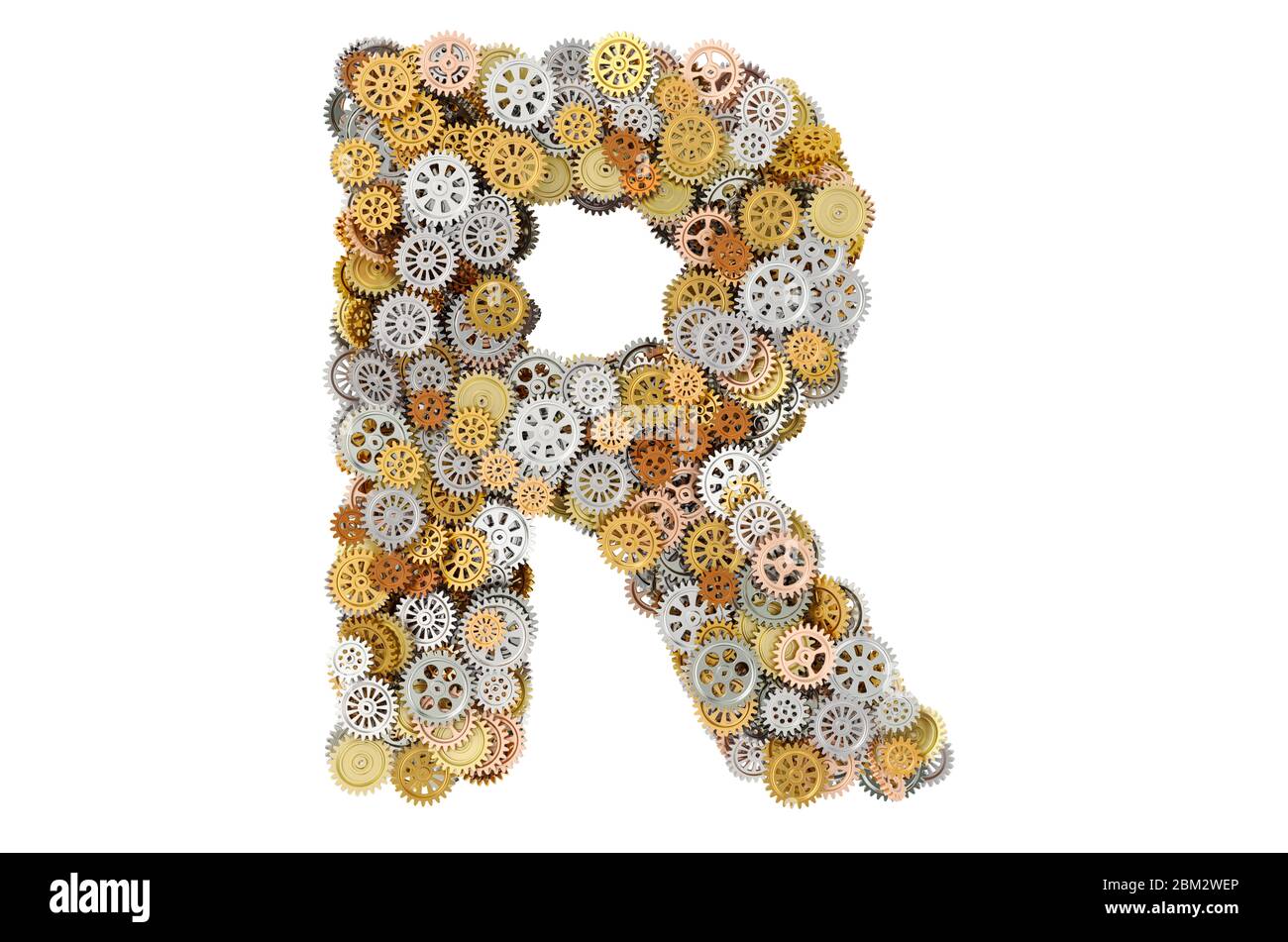 Letter R from cogwheels, 3D rendering isolated on white background ...