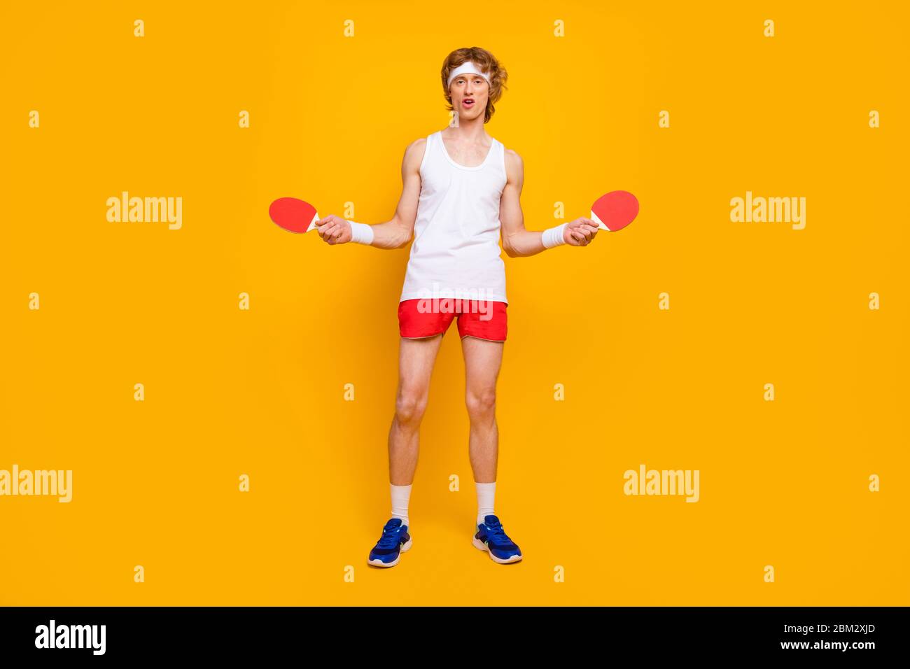 Full length body size view of nice funky slim thin cheerful cheery ...