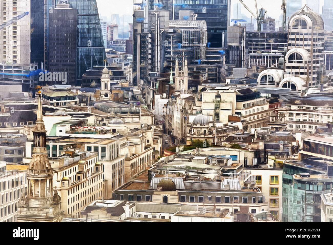 Beautiful ctyscape of London aerial view colorful painting looks like ...