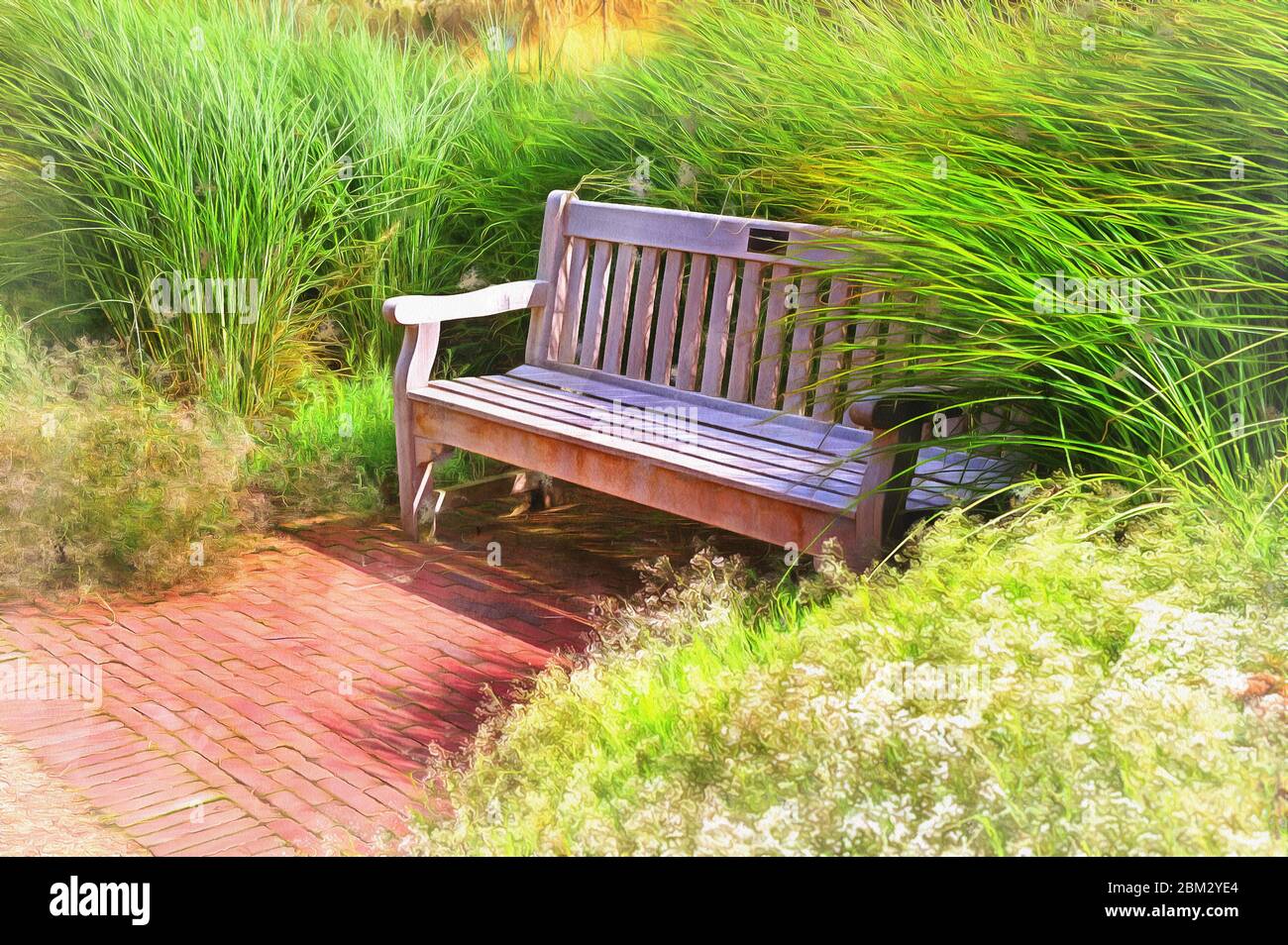 Wooden bench in the park colorful painting looks like picture Stock ...