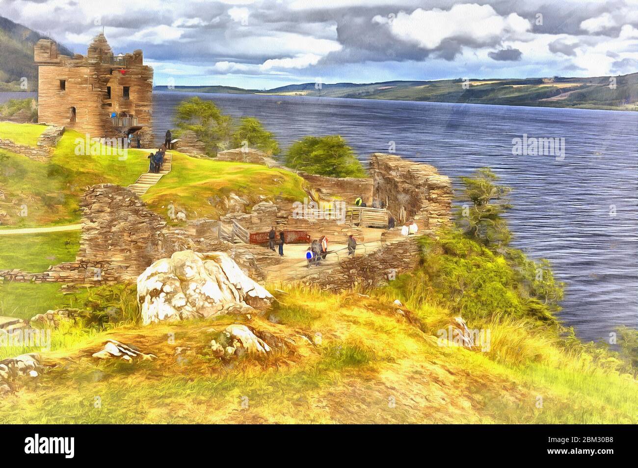 View on old castle colorful painting looks like picture, Loch Ness ...