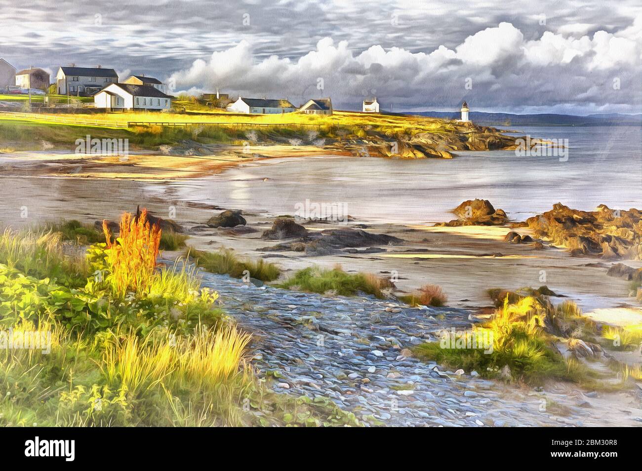 Sea coast with lighthouse colorful painting looks like picture ...