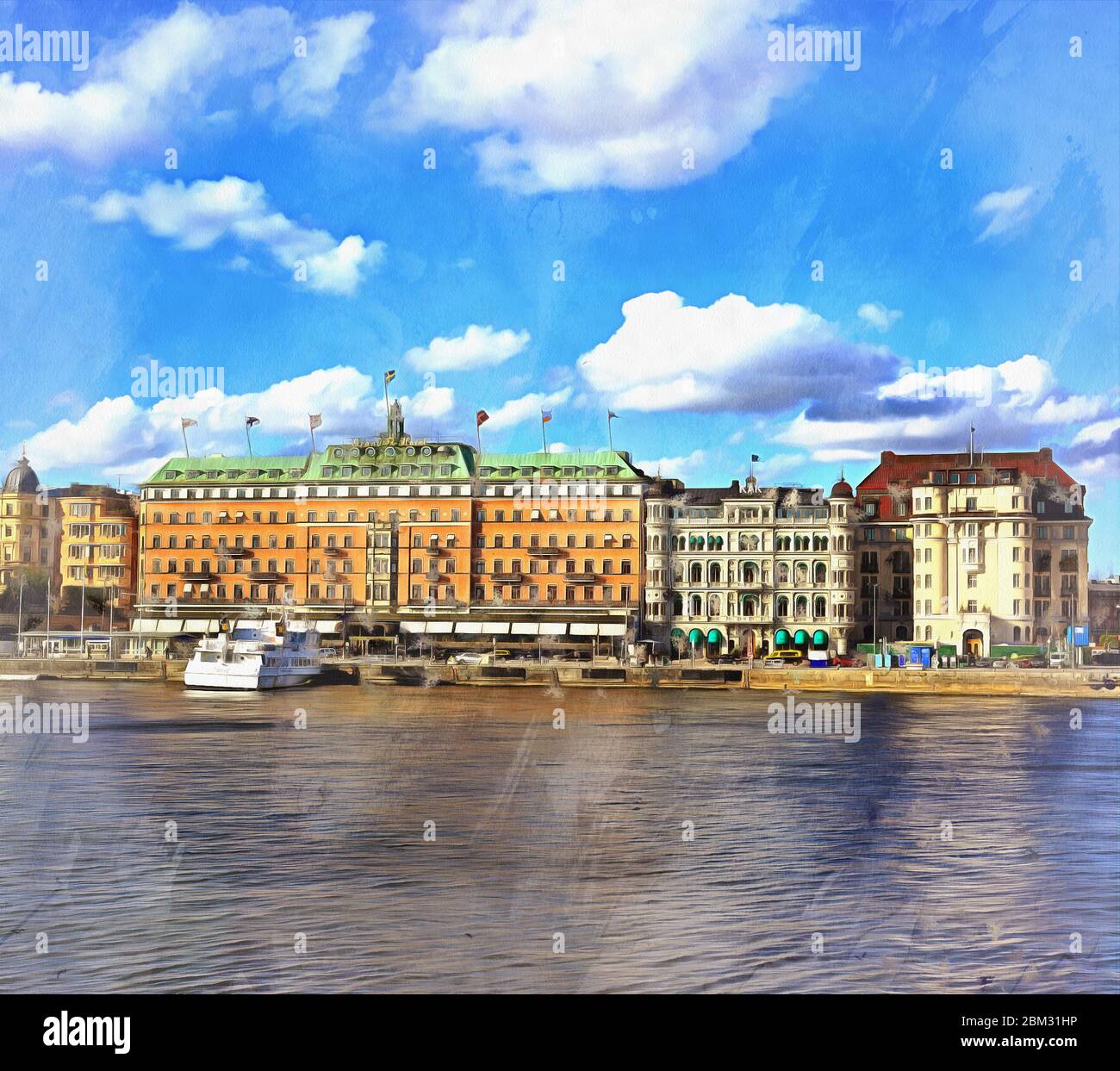 Vintage house on the river embankment colorful painting looks like ...
