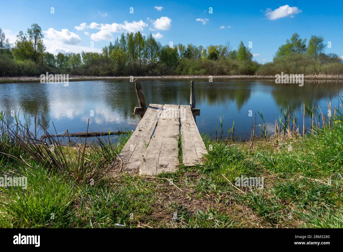 Old rustic wooden jetty on a tranquil lake with wild grasses on the ...