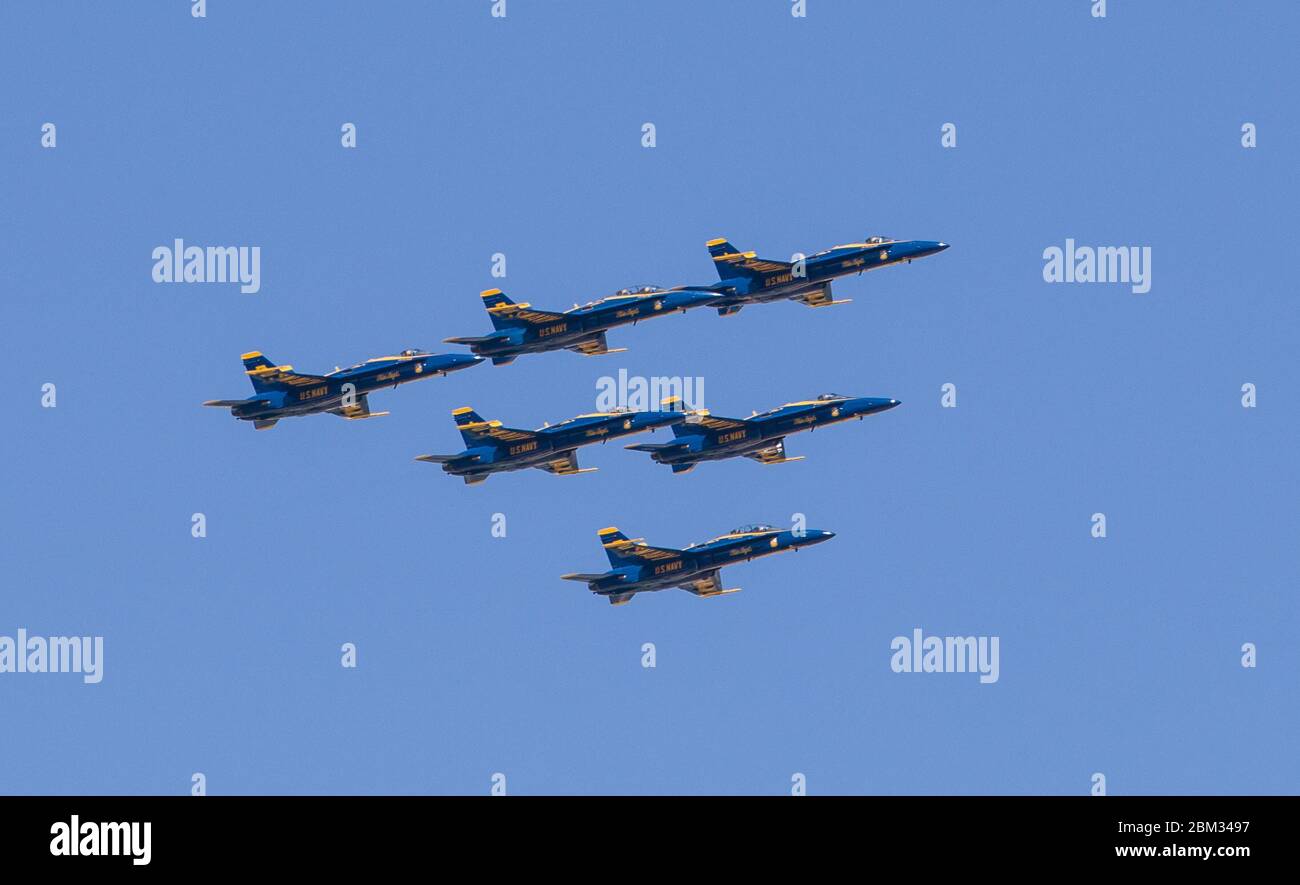 Dallas, USA. 6th May, 2020. A formation of the Blue Angels fly over ...