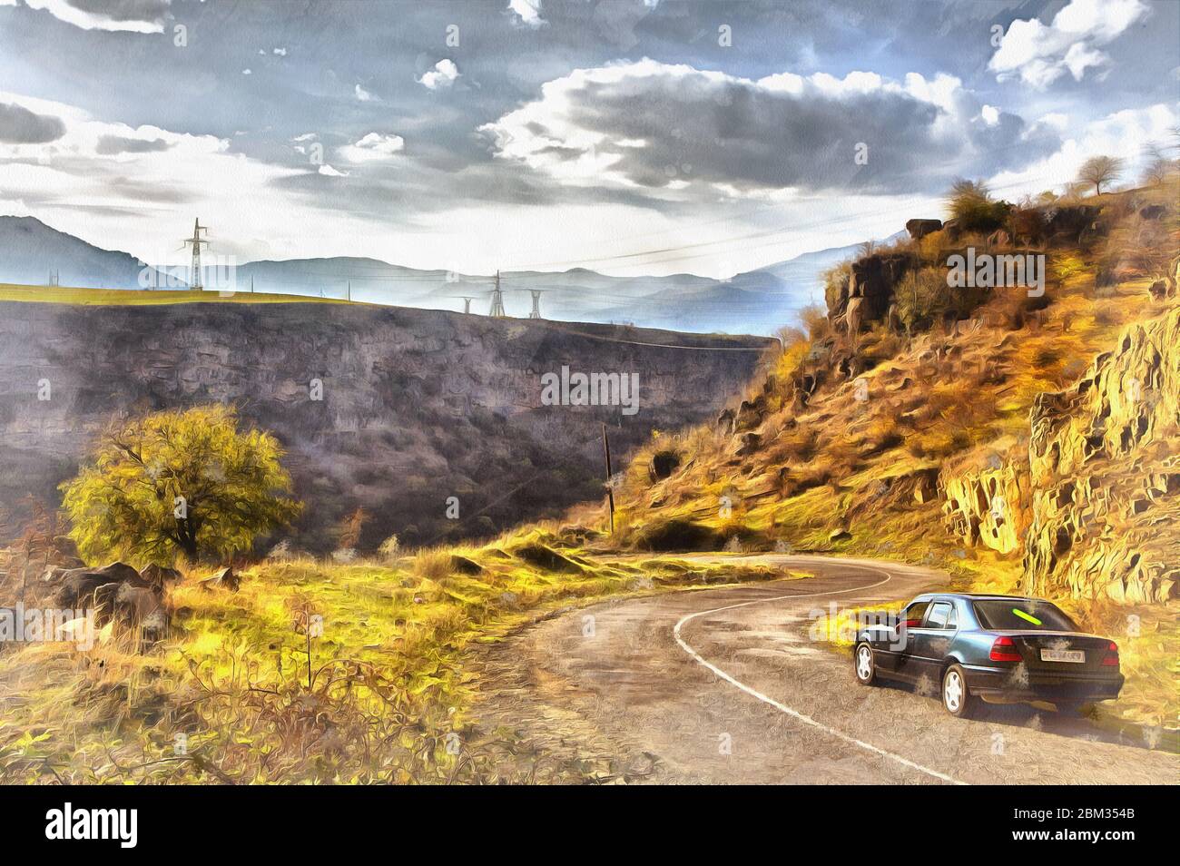 Colorful painting of Mountain valley landscape with road and a car ...