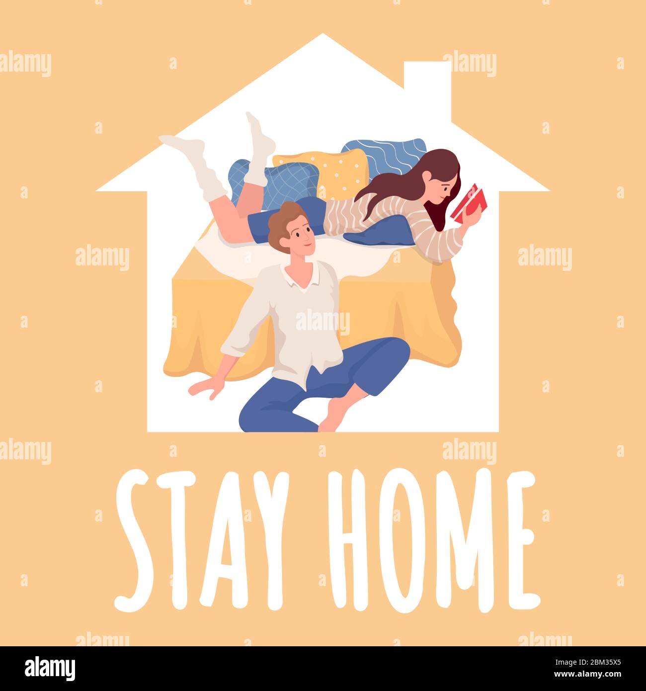 Stay home poster design. Young happy man and woman spending time ...