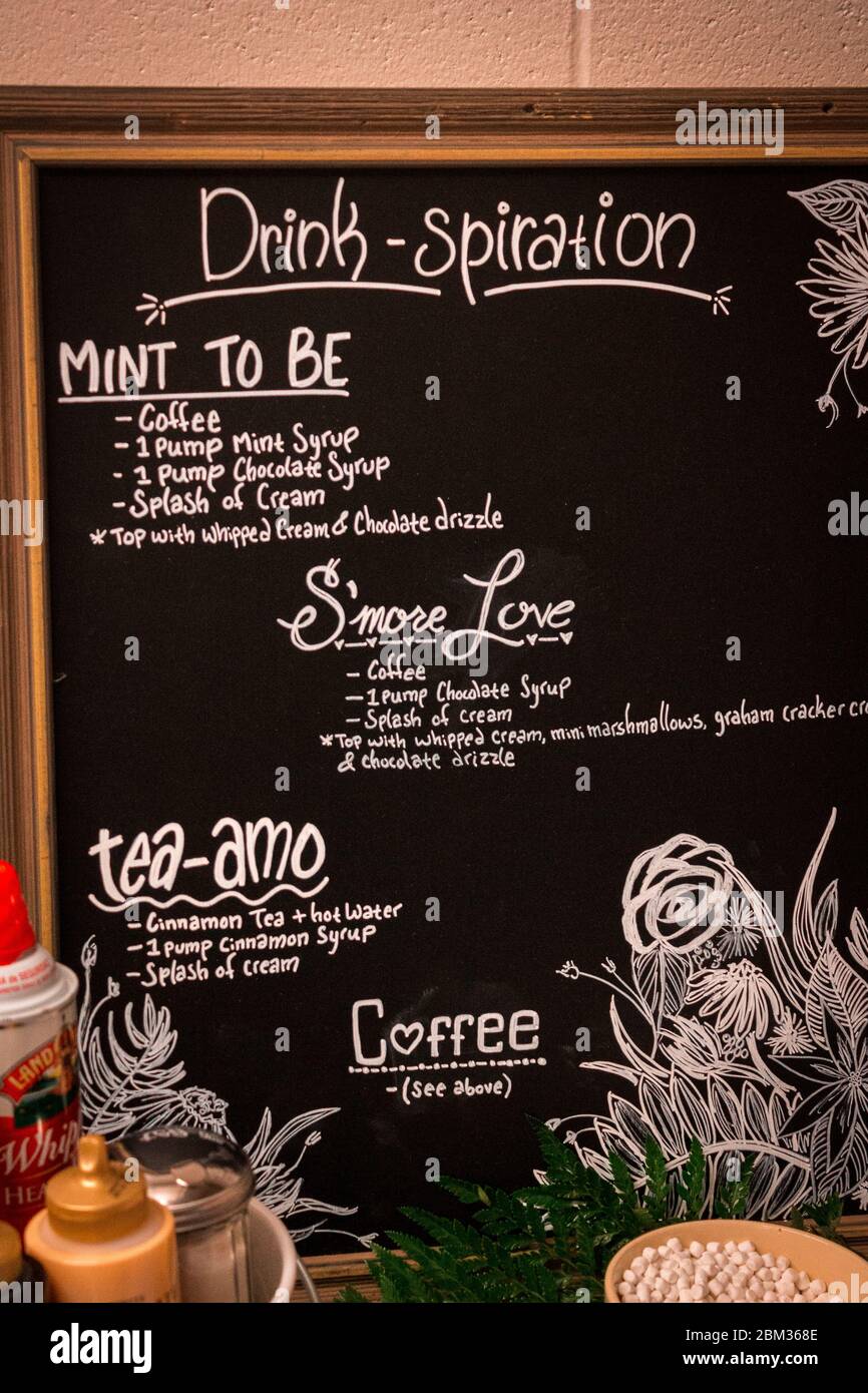 Coffee and tea menu at a wedding reception Stock Photo - Alamy