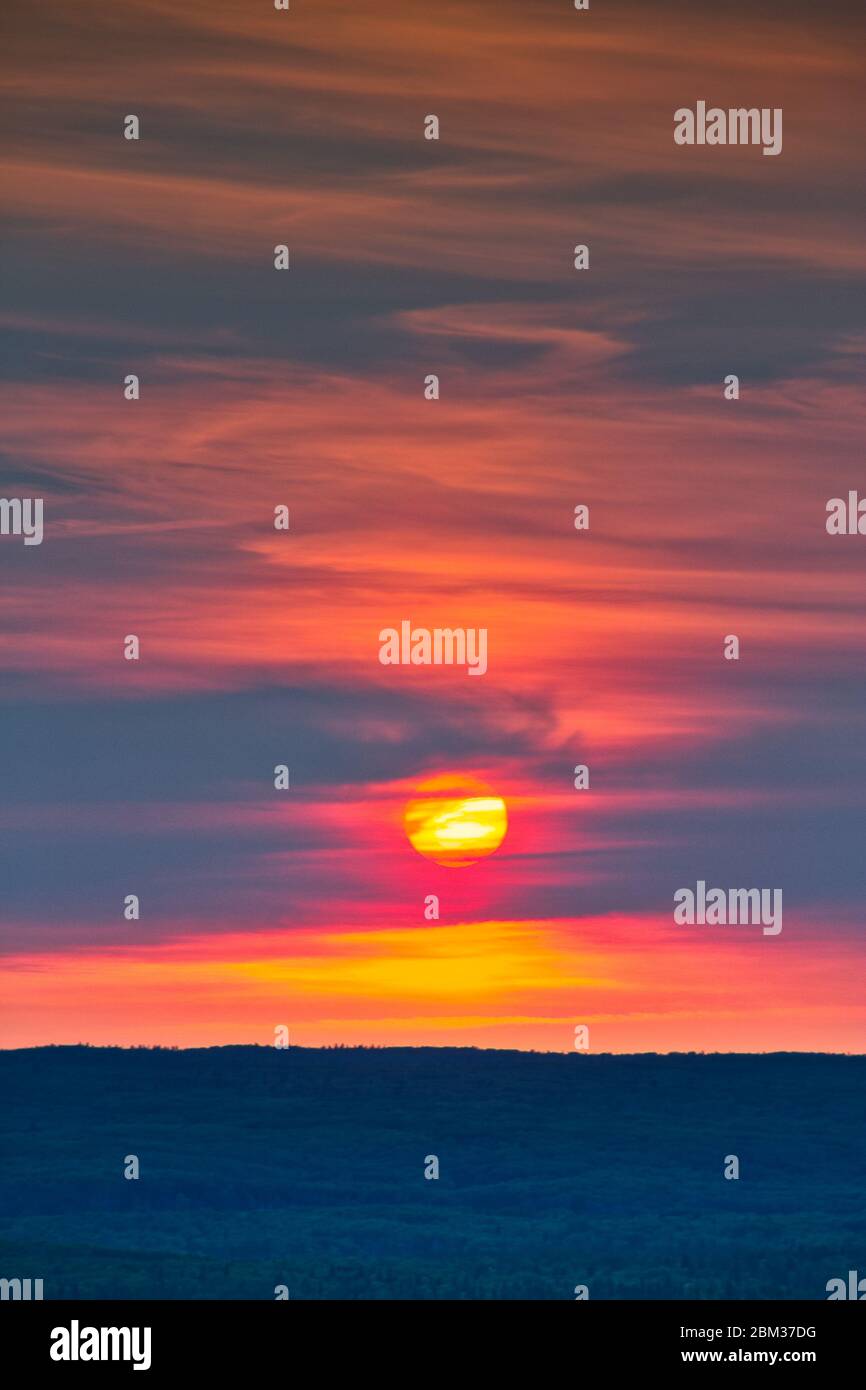 Sunset over a forest Stock Photo - Alamy