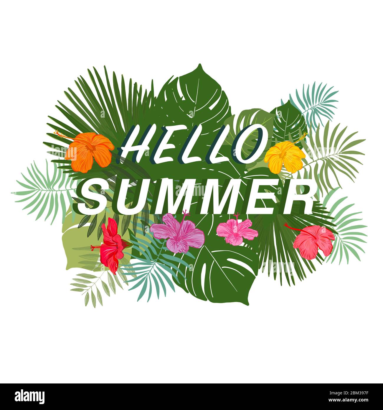Hello Summer text. Beautiful summer time exotic circle frame with hand ...