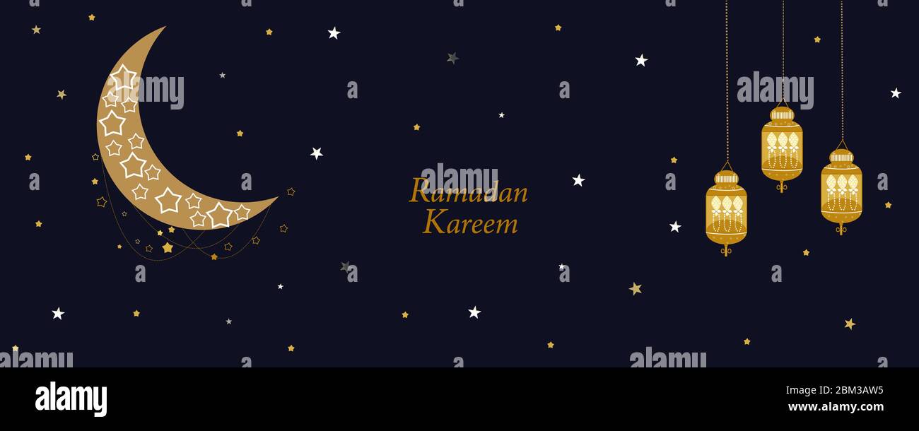 Ramadan night gold moon, crescent and stars. Traditional lantern ...