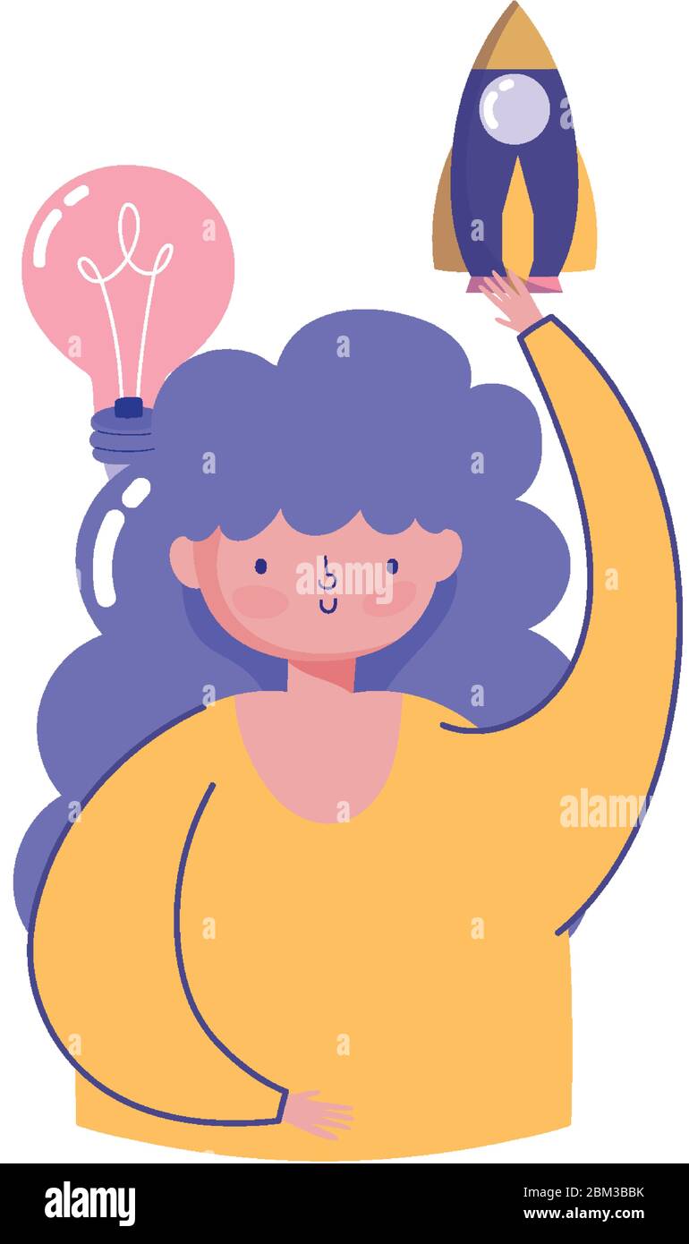 people creativity technology, girl rocket startup strategy idea vector ...