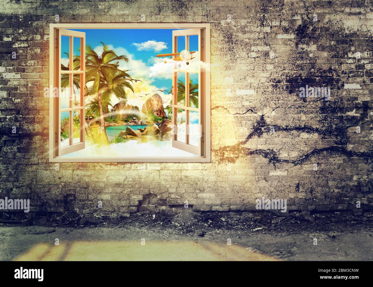 Dramatic dark room with window giving to a fantastic exotic island ...