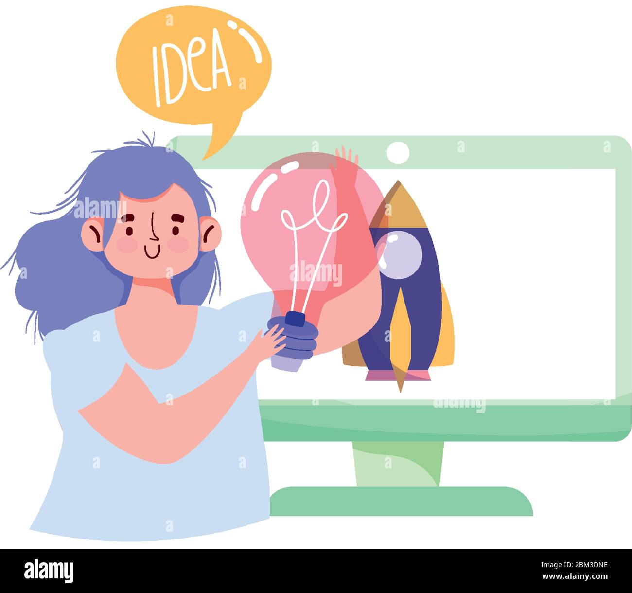 people creativity and technology,girl with bulb idea computer startup ...