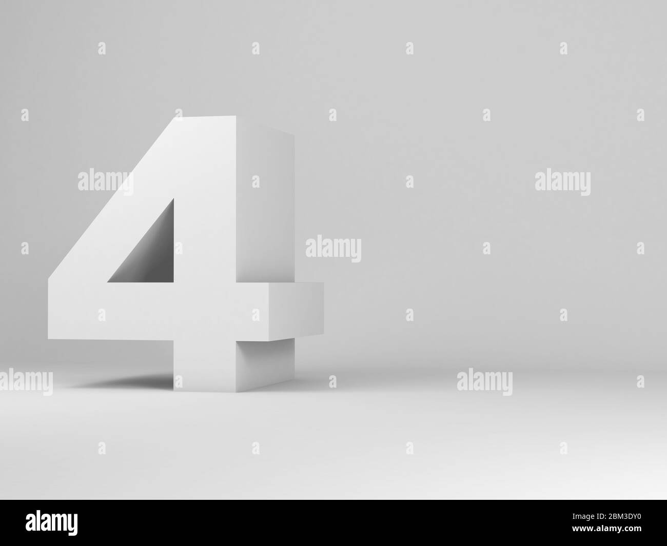 White digit four installation in an empty studio room, 3d rendering ...
