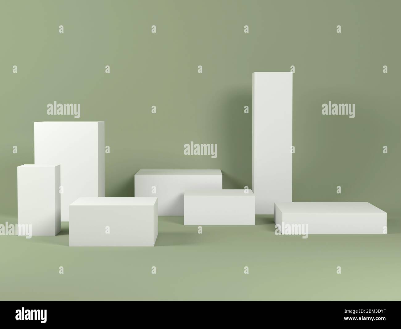 Minimal still life installation with white boxes over light green wall ...