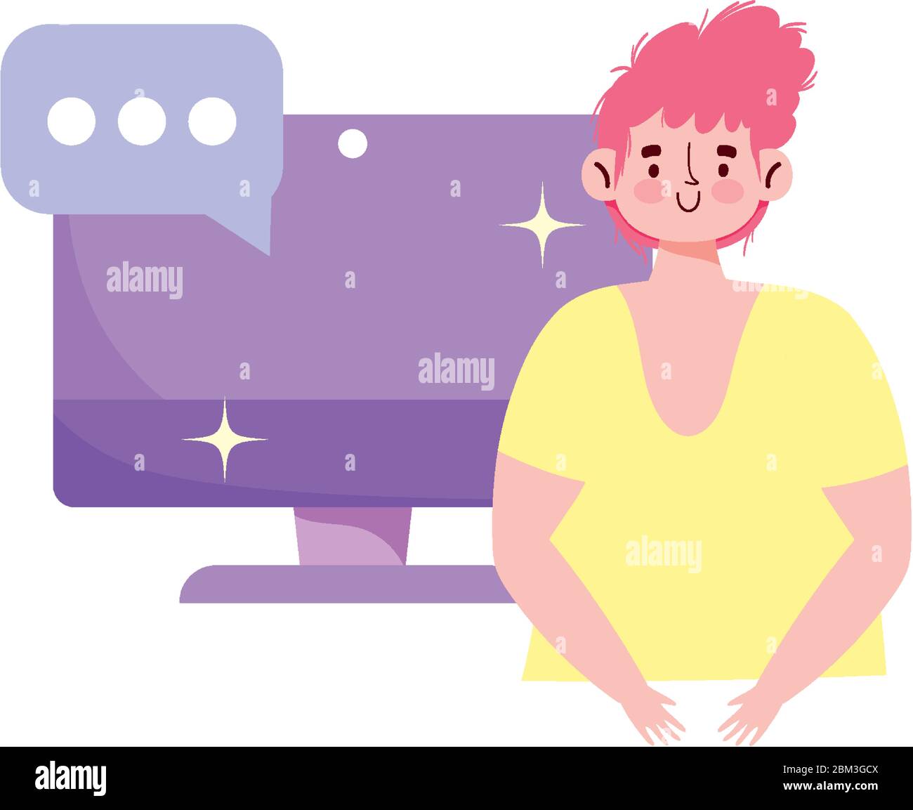 people communication and technology, boy with computer chatting ...