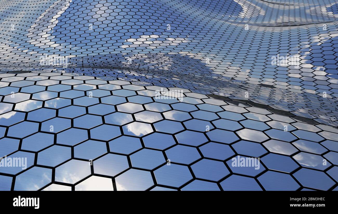 Futuristic wavy chrome surface hexagon sky reflection pattern, building ...