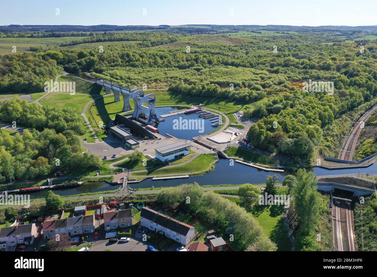 Aerial drone view of Falkirk Wheel and Basin Stock Photo - Alamy