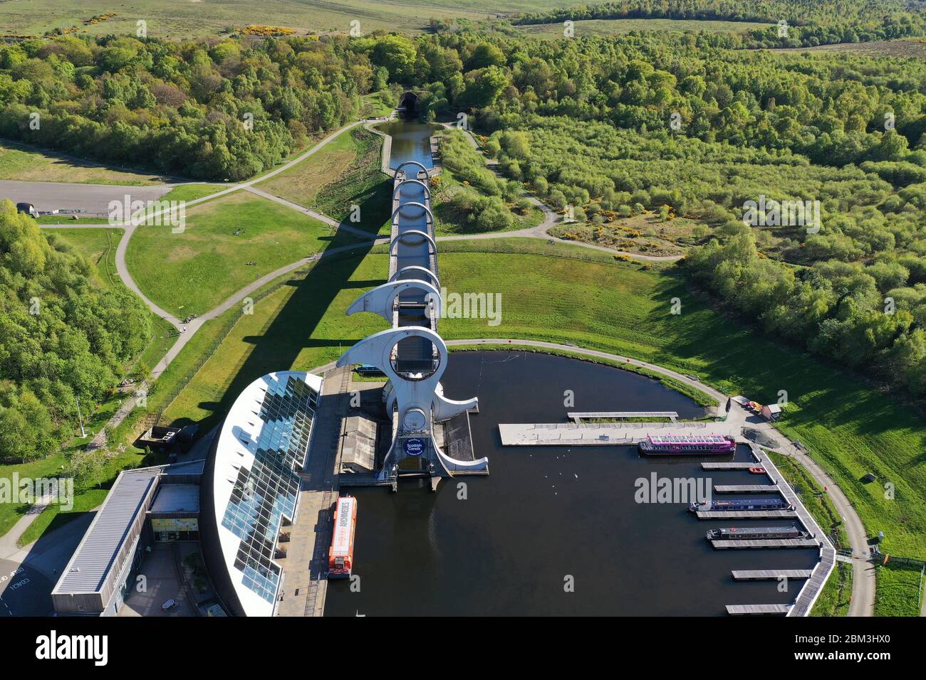 Aerial drone view of Falkirk Wheel and Basin Stock Photo - Alamy