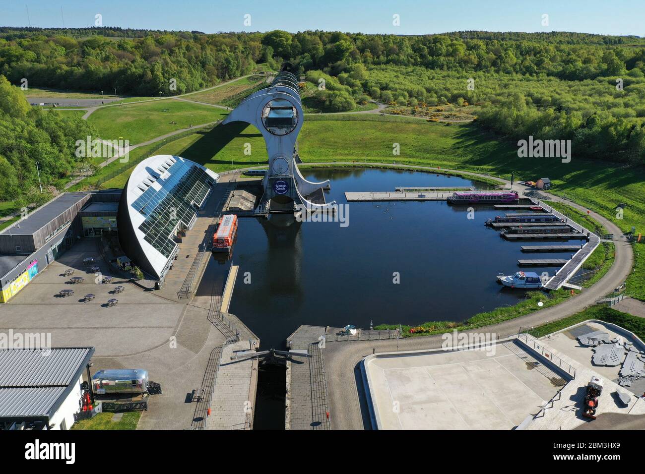 Aerial drone view of Falkirk Wheel and Basin Stock Photo - Alamy