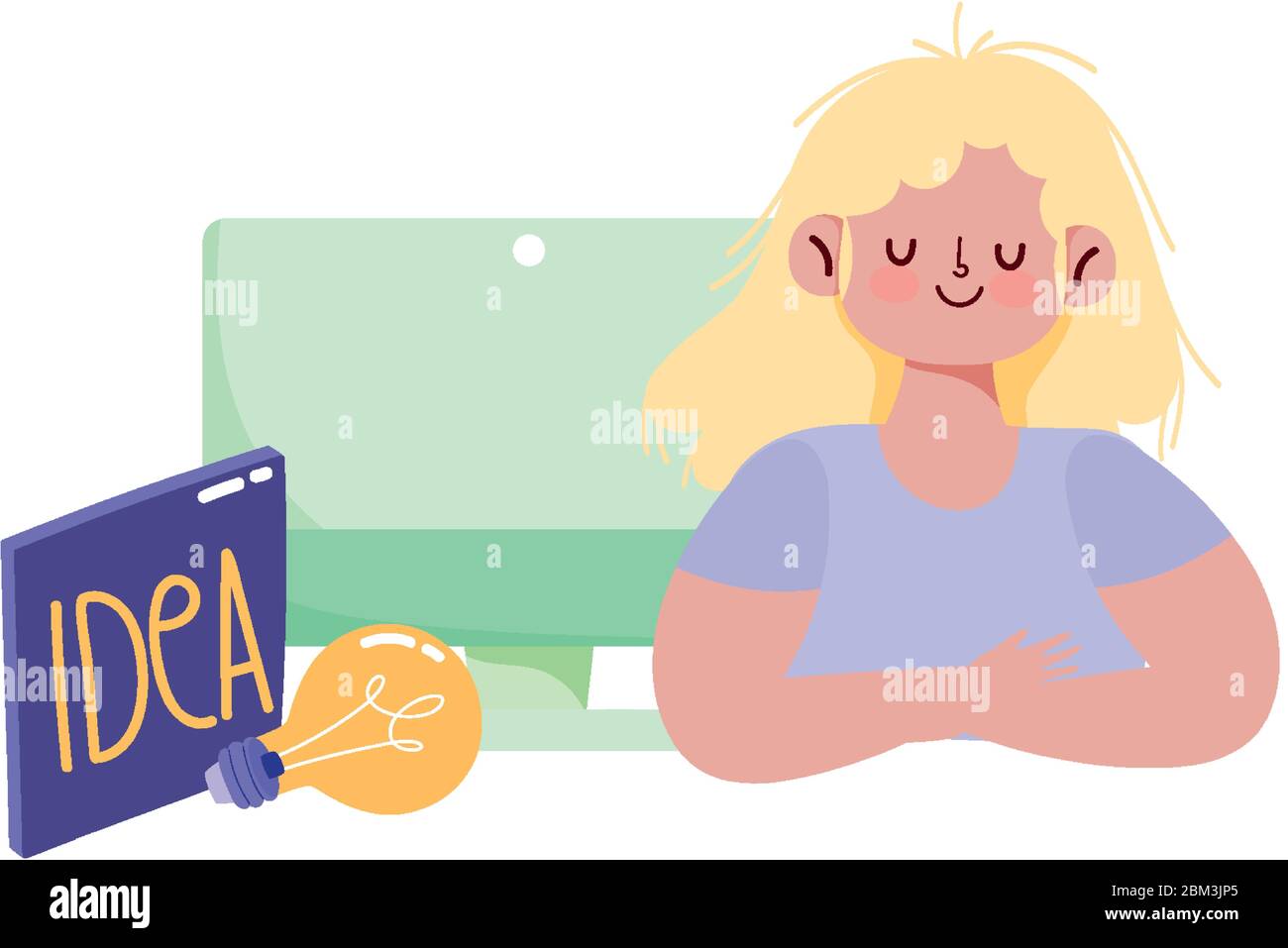 people creativity and technology,girl with computer and light bulb idea ...