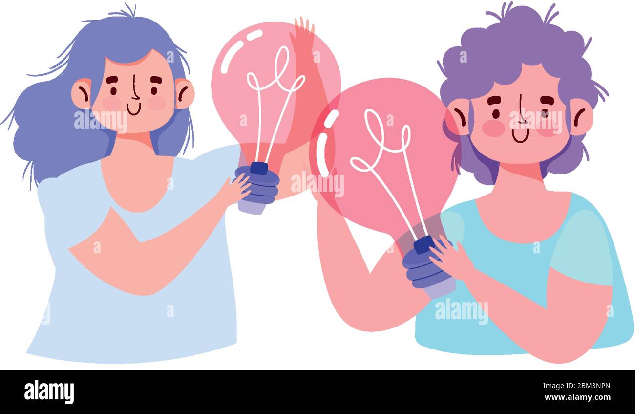 people creativity and technology, girl and boy bulb creativity idea ...