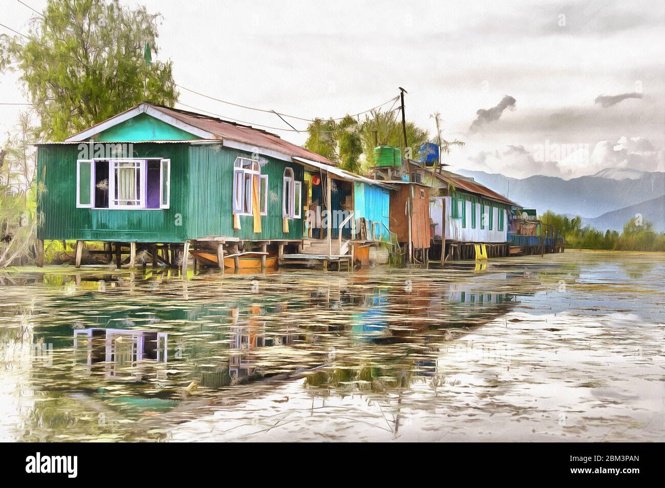 Traditional huts at Dal lake colorful painting looks like picture ...