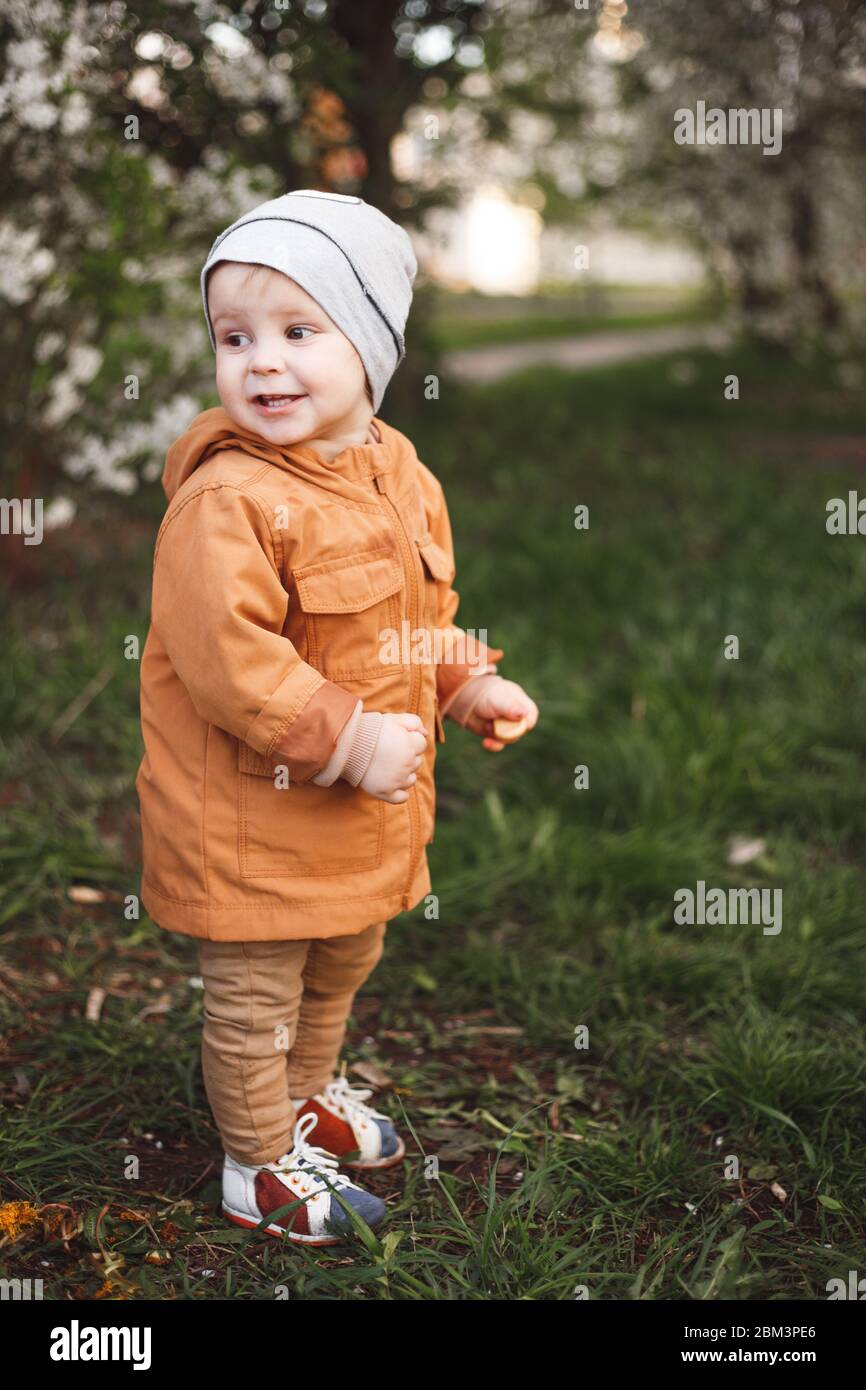 A boy walks in the garden with flowering trees. Spring breath Stock ...