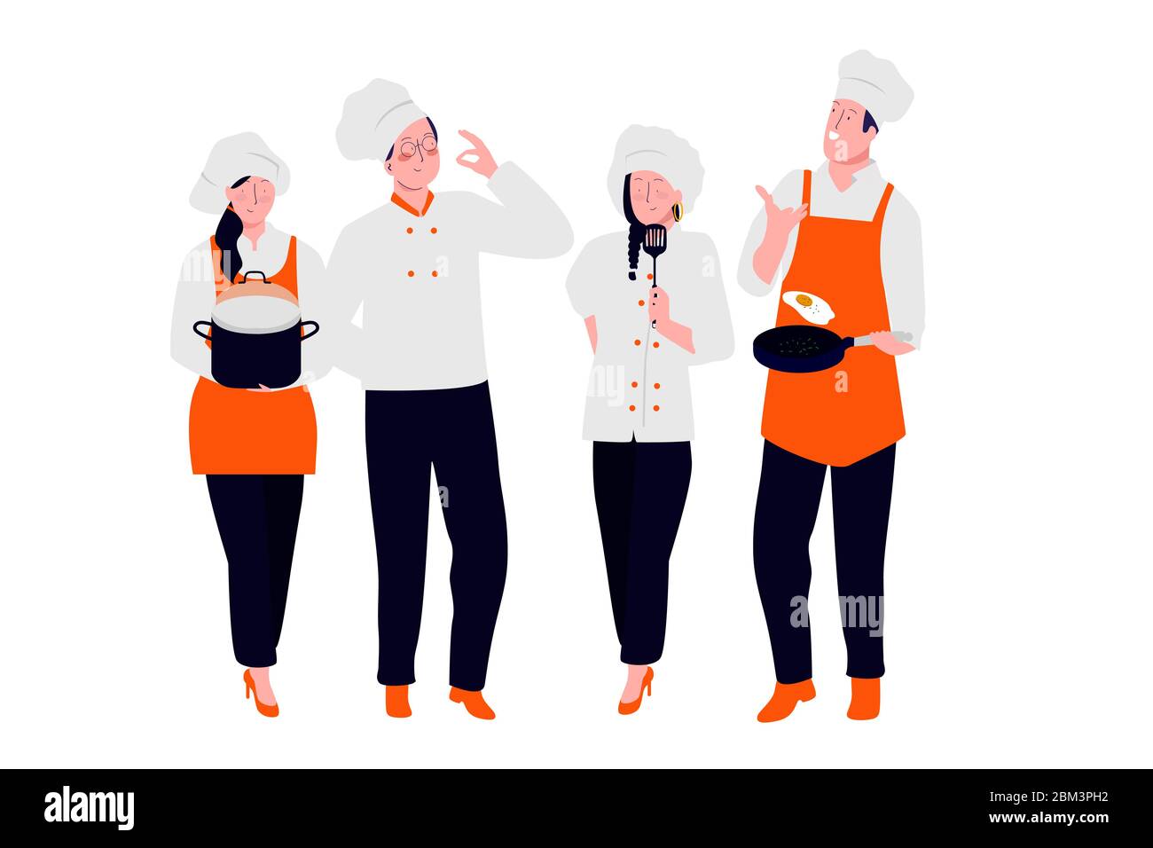 Professional male and female chefs work together cooking baking serving ...