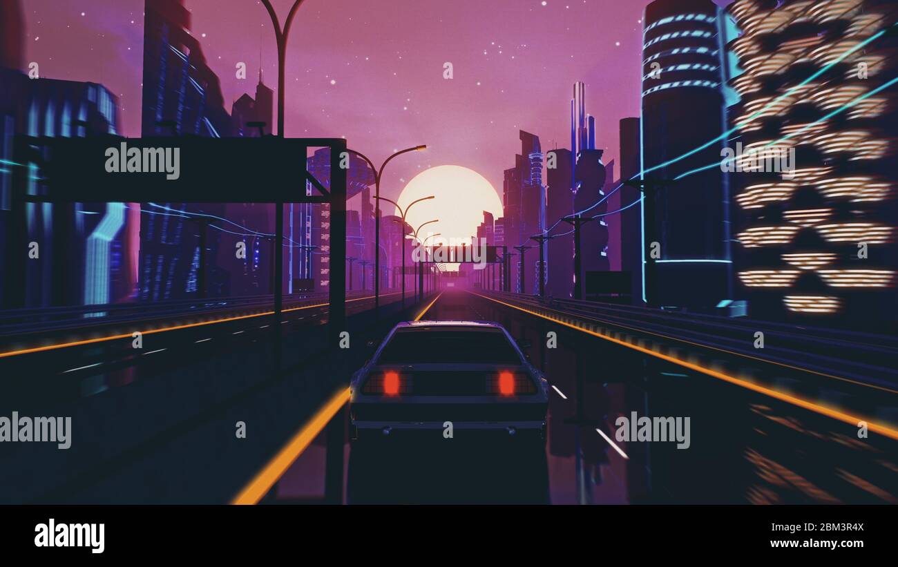 Cyberpunk sunset landscape with a car on a highway road in futuristic ...