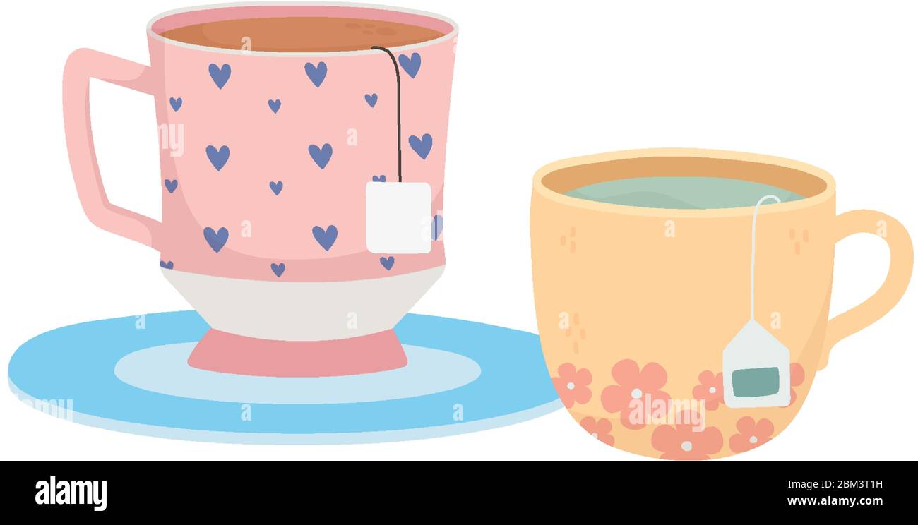 tea time, cups with tea bags beverage herbal design vector illustration ...