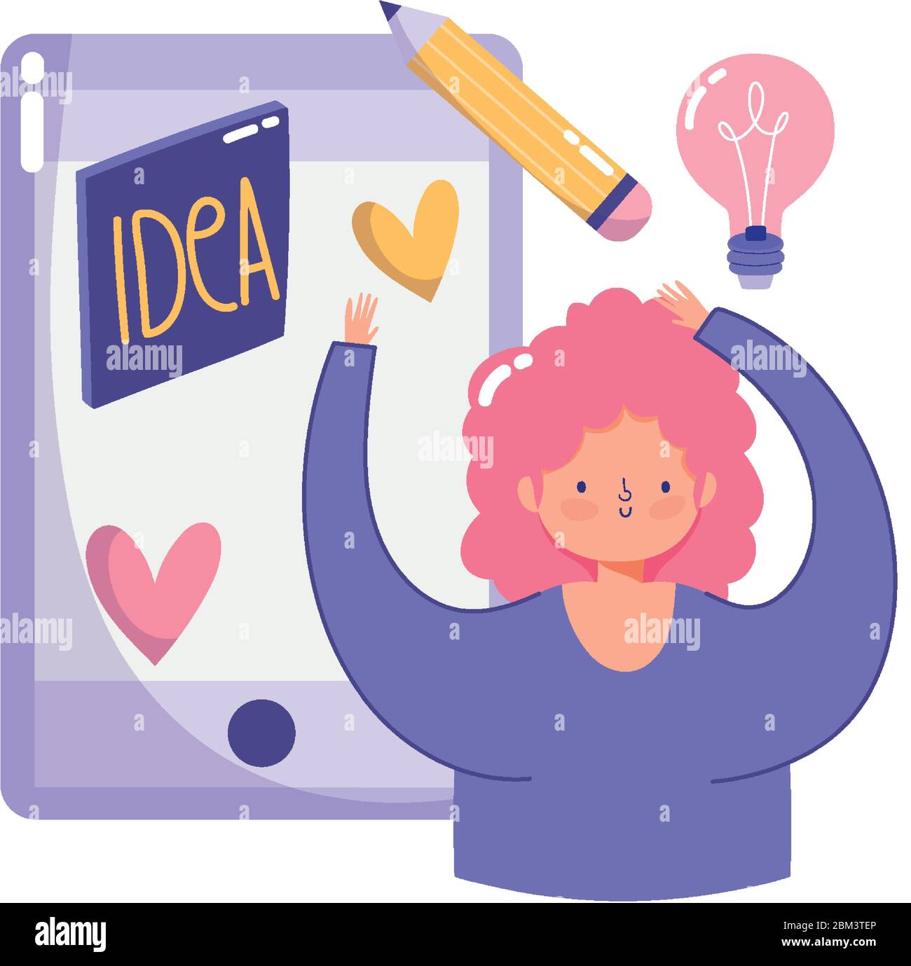 people creativity technology, girl smartphone idea pencil light bulb ...