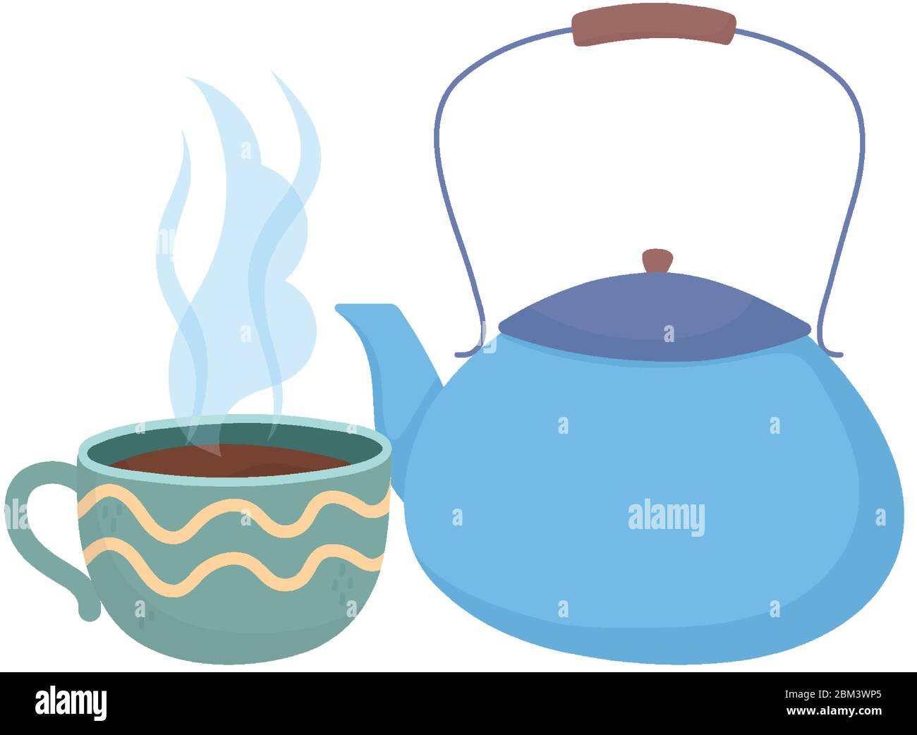coffee time, cups and kettle fresh aroma beverage vector illustration ...