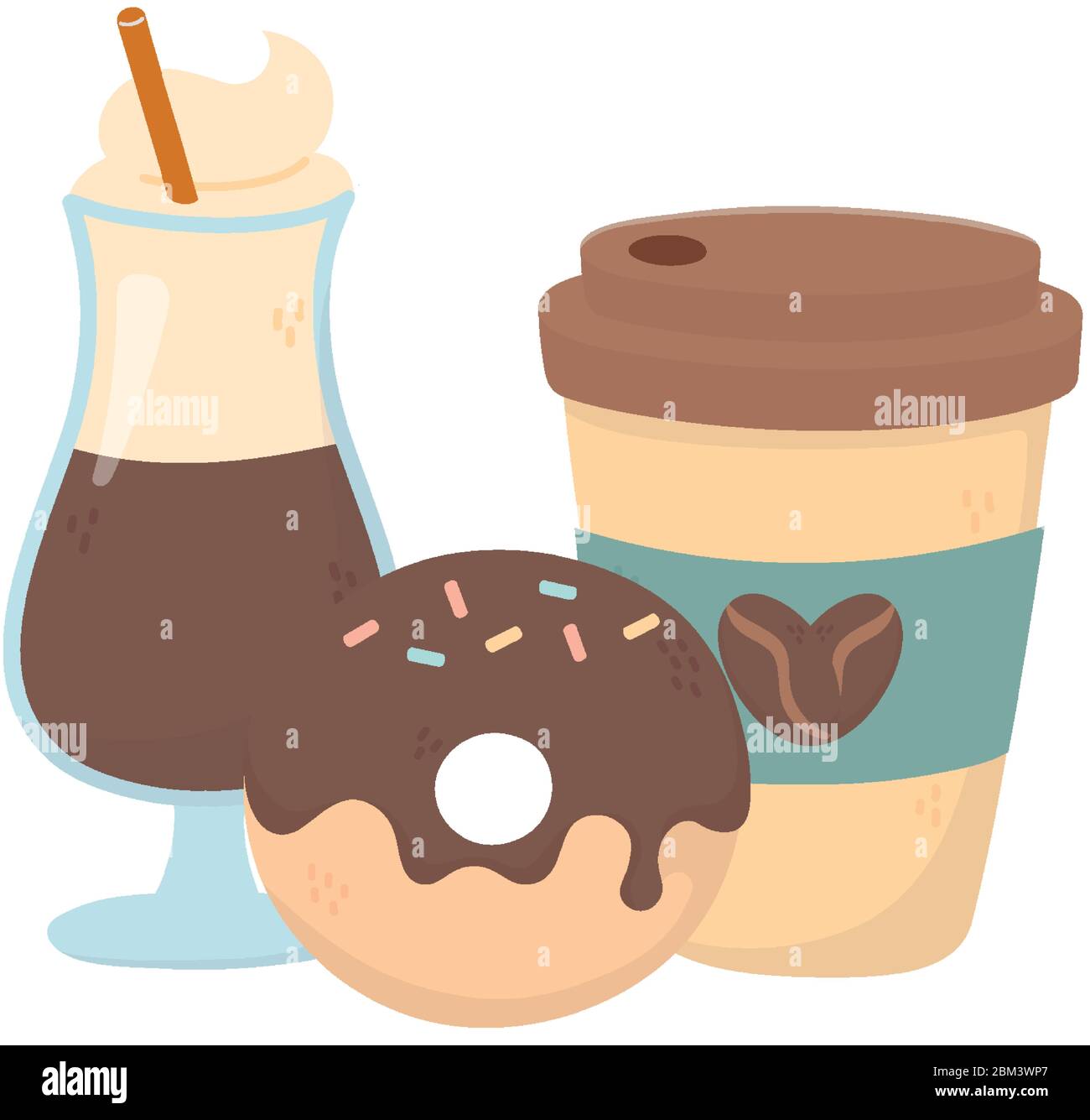 coffee time, latte cup and donut fresh aroma beverage vector ...